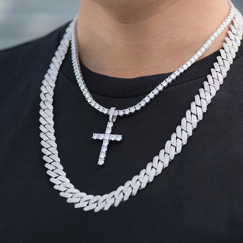 BUNDLE - 12mm Prong Cuban Chain+ Cross 4mm Tennis Chain in White Gold ...